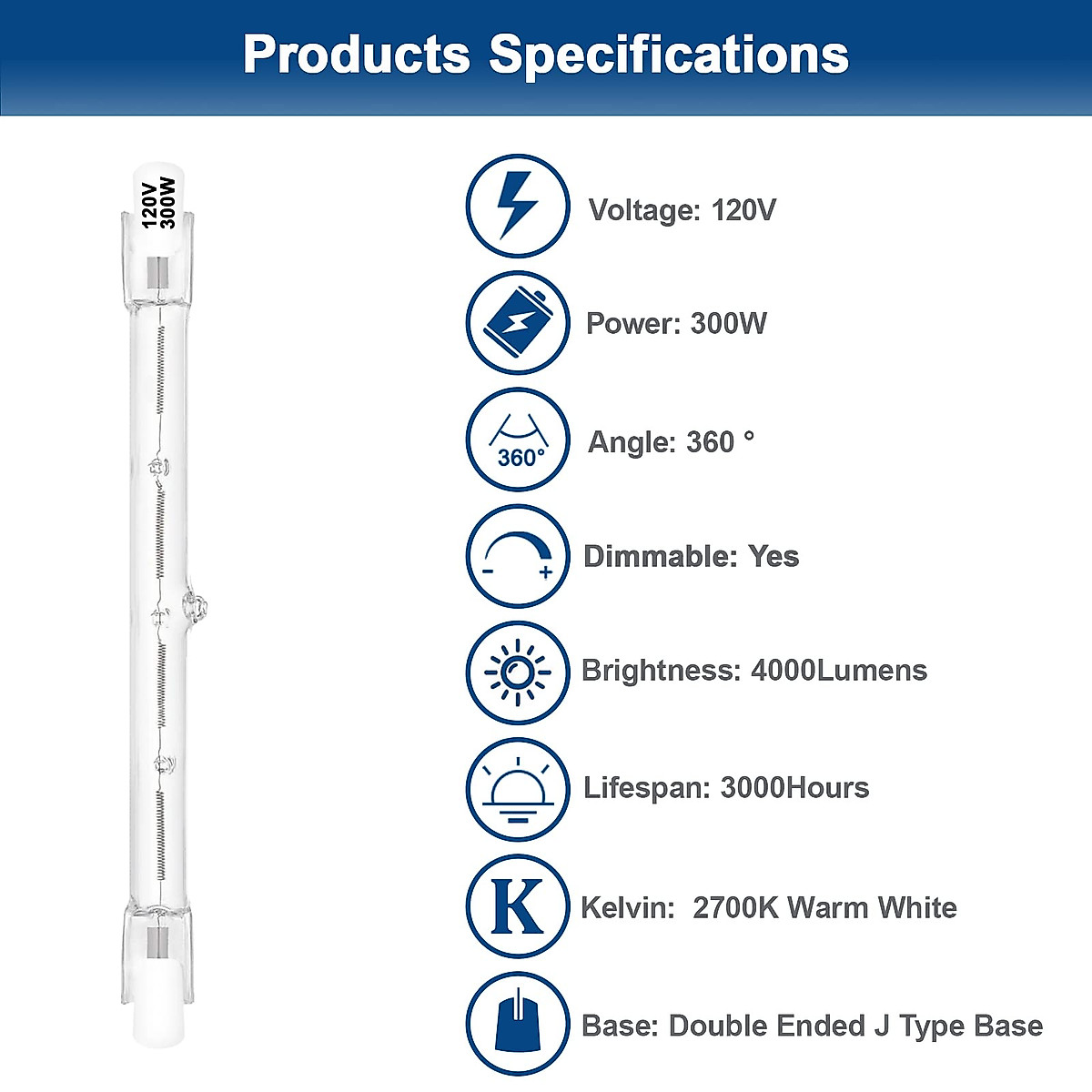 R7S Halogen Bulbs 300W Dimmable 120V 118mm T3 J Type Floodlight Bulb with Long Lifespan, 2700K Warm White Linear Double Ended Light Bulbs for Work, Security, Landscape Lights, Floor Lamps, 5 Pack