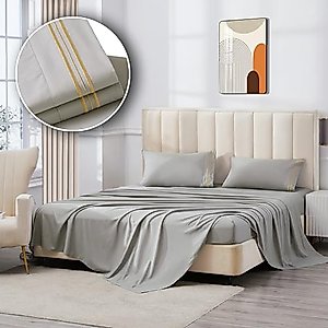 WODFAMY Microfiber Full Size Bed Sheet Set Extra Soft Deep Pockets Luxury Hotel Bed Sheets Breathable & Cooling Wrinkle Free 4 Piece Set Fulls Sheets Light Grey&Gold