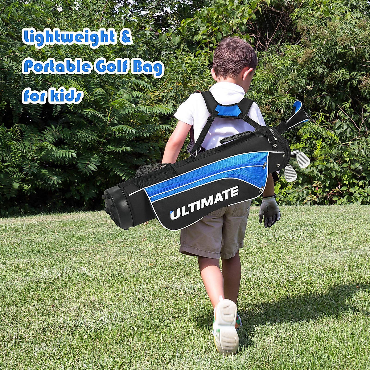 Tangkula Junior Golf Club Set for Children Right Hand, Includes #3 Fairway Wood & #7/#9 Irons, Putter, Head Cover & Rain Hood, Golf Stand Bag, Perfect for Children, Kids
