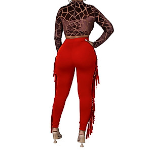 Women's Fringe Pants Casual High Waist Solid Bodycon Side Tassel Pants Yoga Pants Sweatpants Bandage Pants Red Large