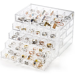 yarlung Acrylic Jewelry Storage Box Earring Holder with 5 Drawers, 120 Grids Jewelry Organizer Tray Clear Ring Display Case for Beads, Nail Tips, Women Girls, Birthday Gift