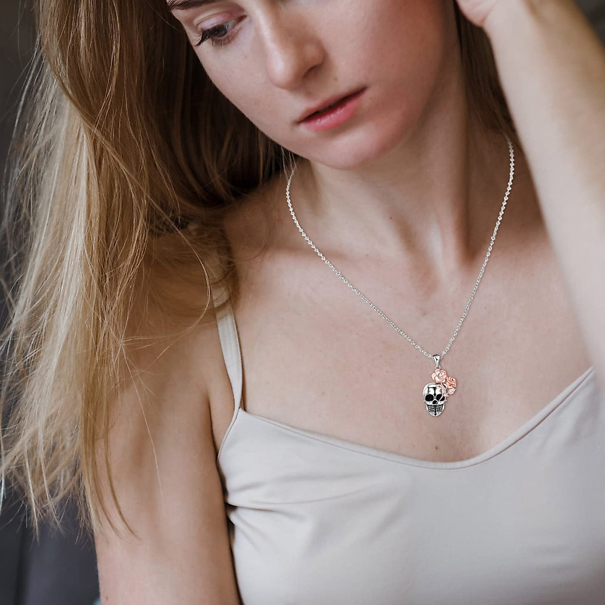 Hxillery Skull Necklace 925 Sterling Silver Eagle Claw SkullRose and Skull Necklace Goth Vintage Skeleton Skull Necklaces Halloween Pendant Accessories Gothic Punk Statement Jewelry Gift Halloween