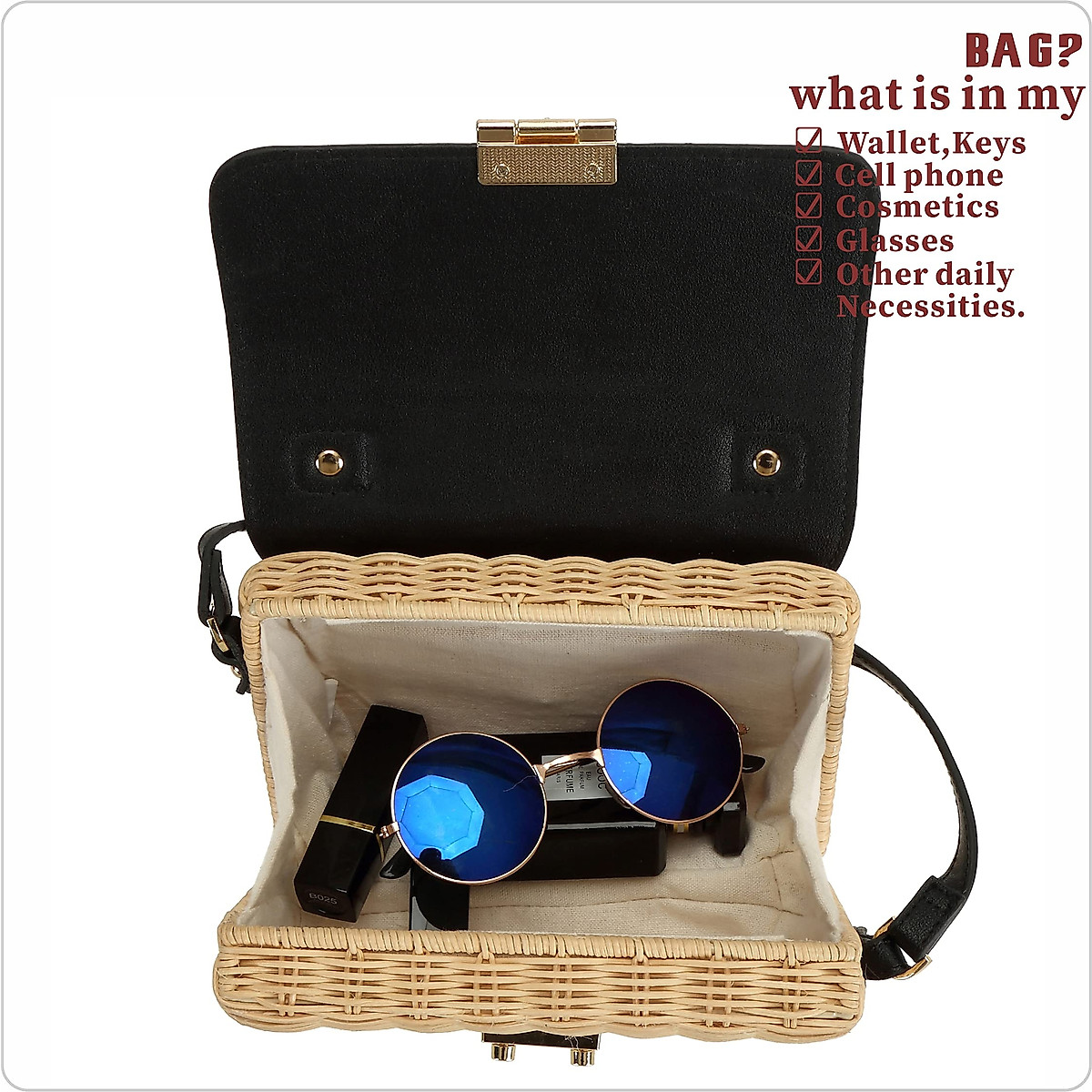 So'each Women's Handbag Wicker Square Rattan Bamboo Bag Woven Crossbody Bag Black