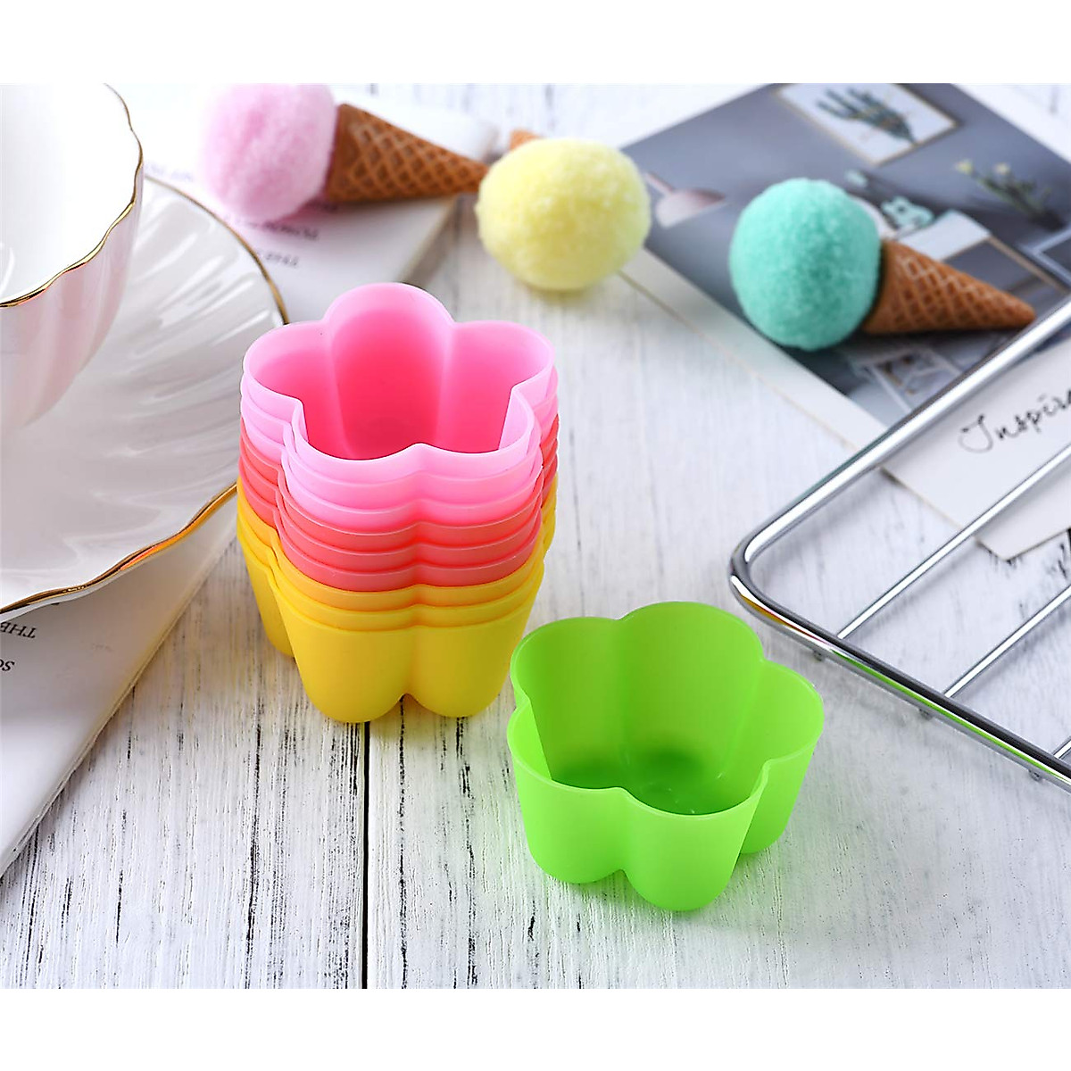 Mirenlife Reusable and Non-stick Mini Silicone Baking Cups/Muffin Cups/Mini Cupcake Liners/Mini Chocolate Holders/Truffle Cups -24 Pack-6 Vibrant Colors Flower