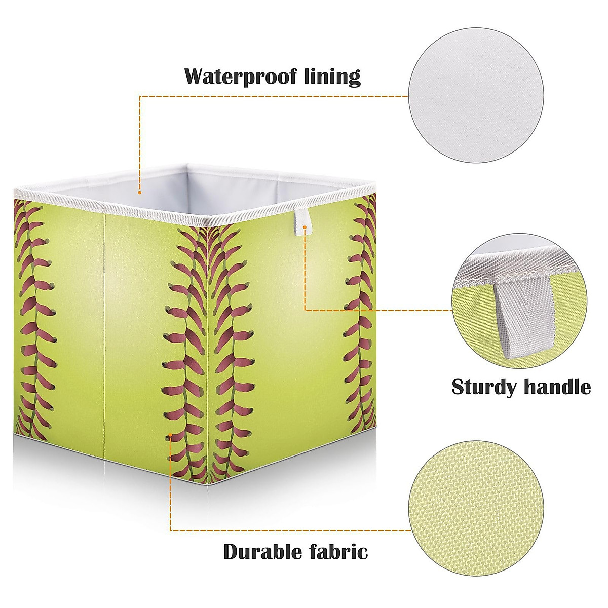 Emelivor Baseball Softball Laces Green Cube Storage Bin Fabric Storage Cubes Large Foldable Storage Baskets Cloth Box Containers for Home Closet Bedroom Drawers Home Decor,11 x 11inch