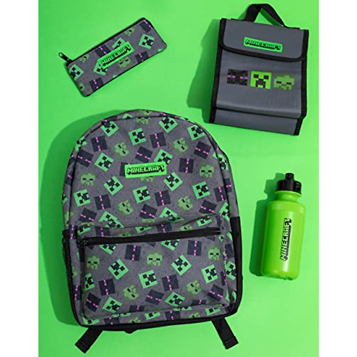 Minecraft Backpack Set Kids 4 Piece Villains Lunch Box Water Bottle Pencil Case Set