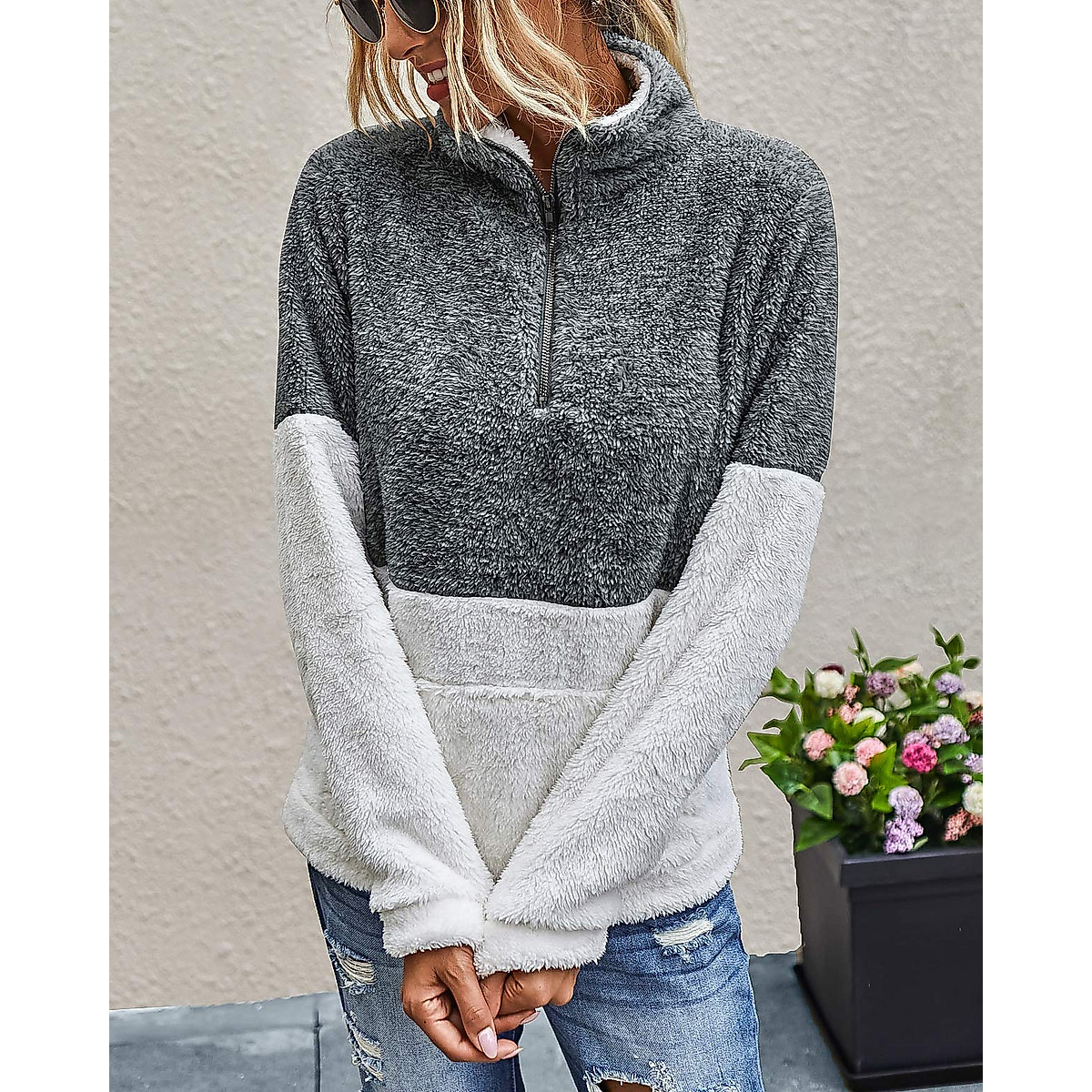 BTFBM Women Sherpa Pullover Quarter Zip Long Sleeve Fluffy Soft Fleece Jackets Sweaters Sweatshirts Hoodies Outwear Coat (Grey, Medium)