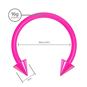 2pc 16g Dental-Grade Acrylic Pink Horseshoe Hoop 3mm Spike Circular Barbells Earrings Cartilage Helix Septum Nose Lip Rings - 10mm