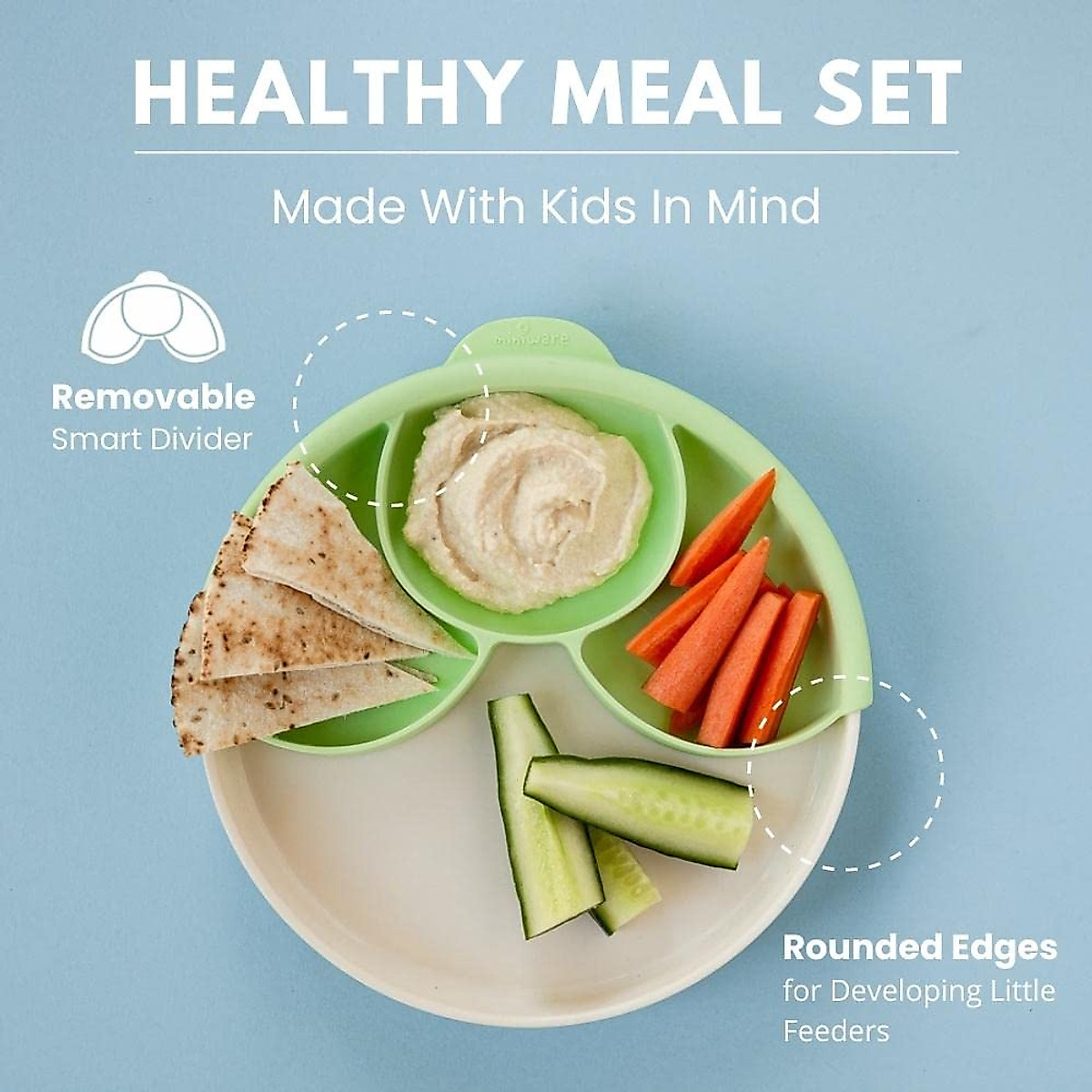 Miniware Healthy Meal Set with Sandwich Plate, Divider, and Detachable Suction Foot for Baby Toddler Kids - Promotes Self Feeding | Dishwasher Safe (Key Lime, Key Lime)