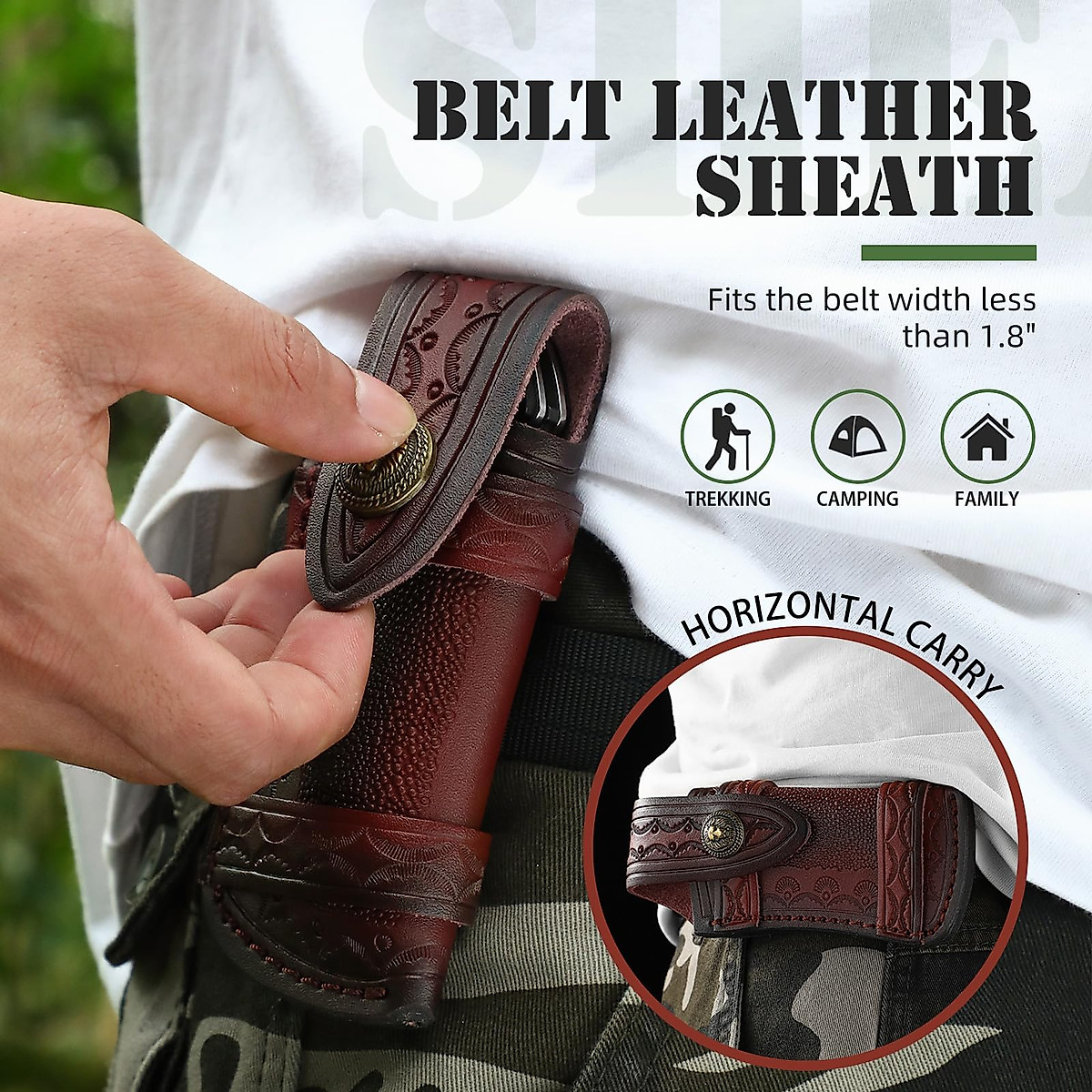 Omesio Pocket Knife Sheath (M), 4.53" Folding Knife Sheath for Folding Knife, Leather Knife Sheath Case, Horizontal Knife Holder Sheath for Belt