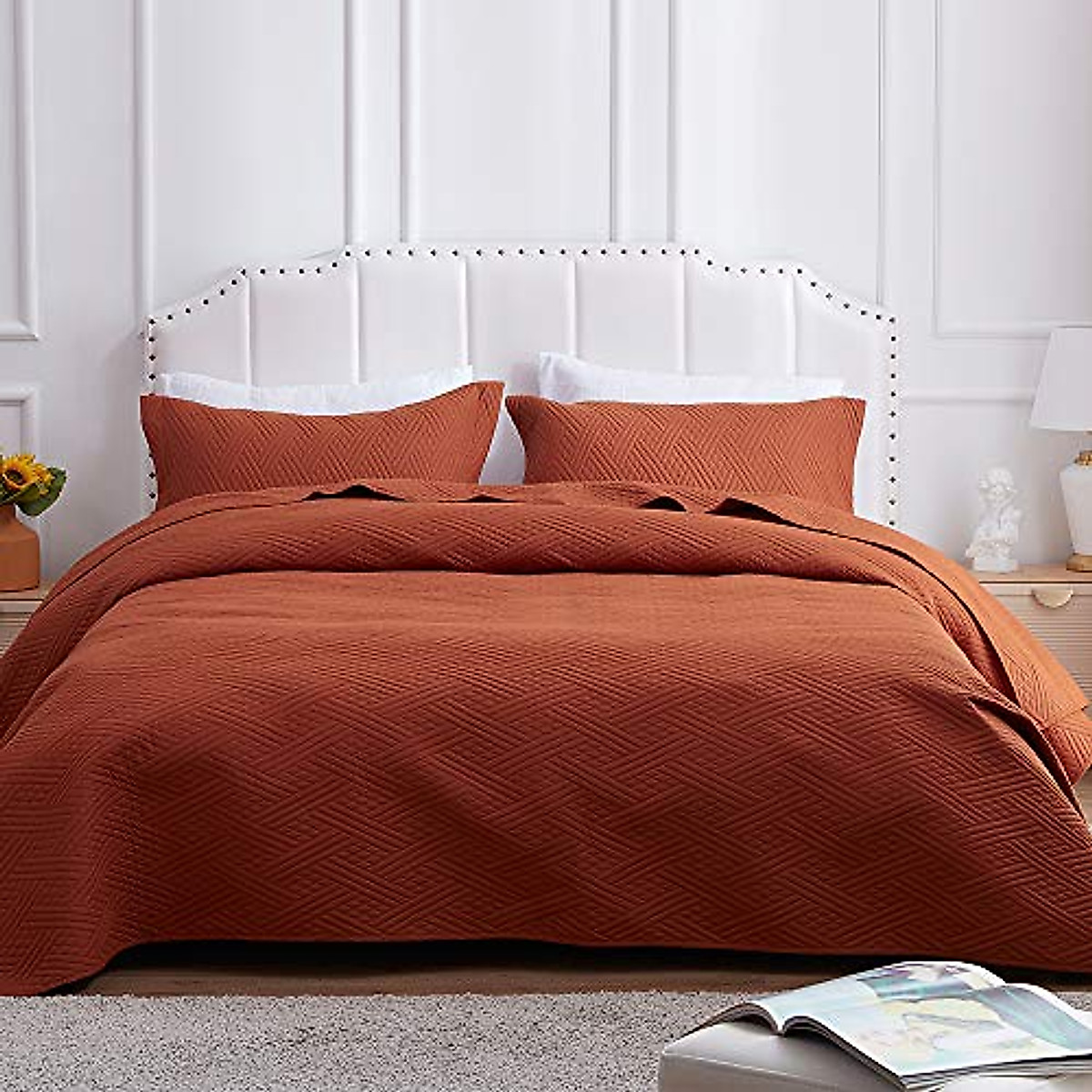 SunStyle Home Quilt Set Full/Queen Size, Rust Diamond Pattern Bedspread-90x96, Soft Lightweight Microfiber Coverlet, Luxurious Warm Bed Cover for All Seasons-3 Pieces(1 Quilt, 2 Pillow Shams)