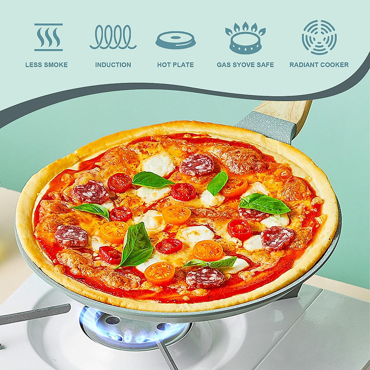 Nonstick Crepe Pan, 8 inch Green Dosa Tawa Tortilla Pan with Wood Handle for Stove Tops, Flat Frying Pan Skillet Stone Coating Cookware for Gas, Induction, Electric, Ceramic Stove, PFOA Free (8 inch)