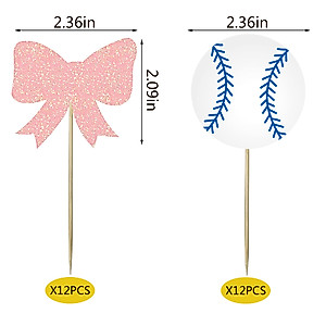 24 PCS Baseballs or Bows Cupcake Toppers Gender Reveal Party Decorations for Picks Baby Shower Birthday Party Cake Decoration Supplies
