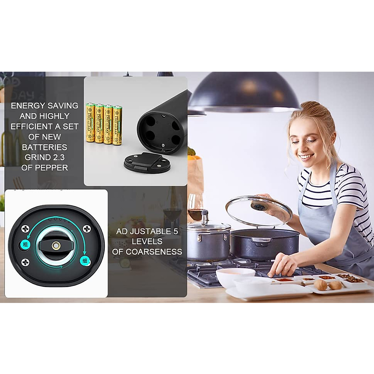 Saknaop Electric Pepper Grinder，Pepper Salt Mill Grinder refillable with Gravity Sensor Switch, Salt Grinder Spice Grinder with Adjustable Coarseness and LED Blue Light,Battery Operated