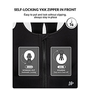 Yvette Womens Sports Bras High Impact Zip Front Sports Bra High Support Large Bust for Workout Running,Black,Large Plus