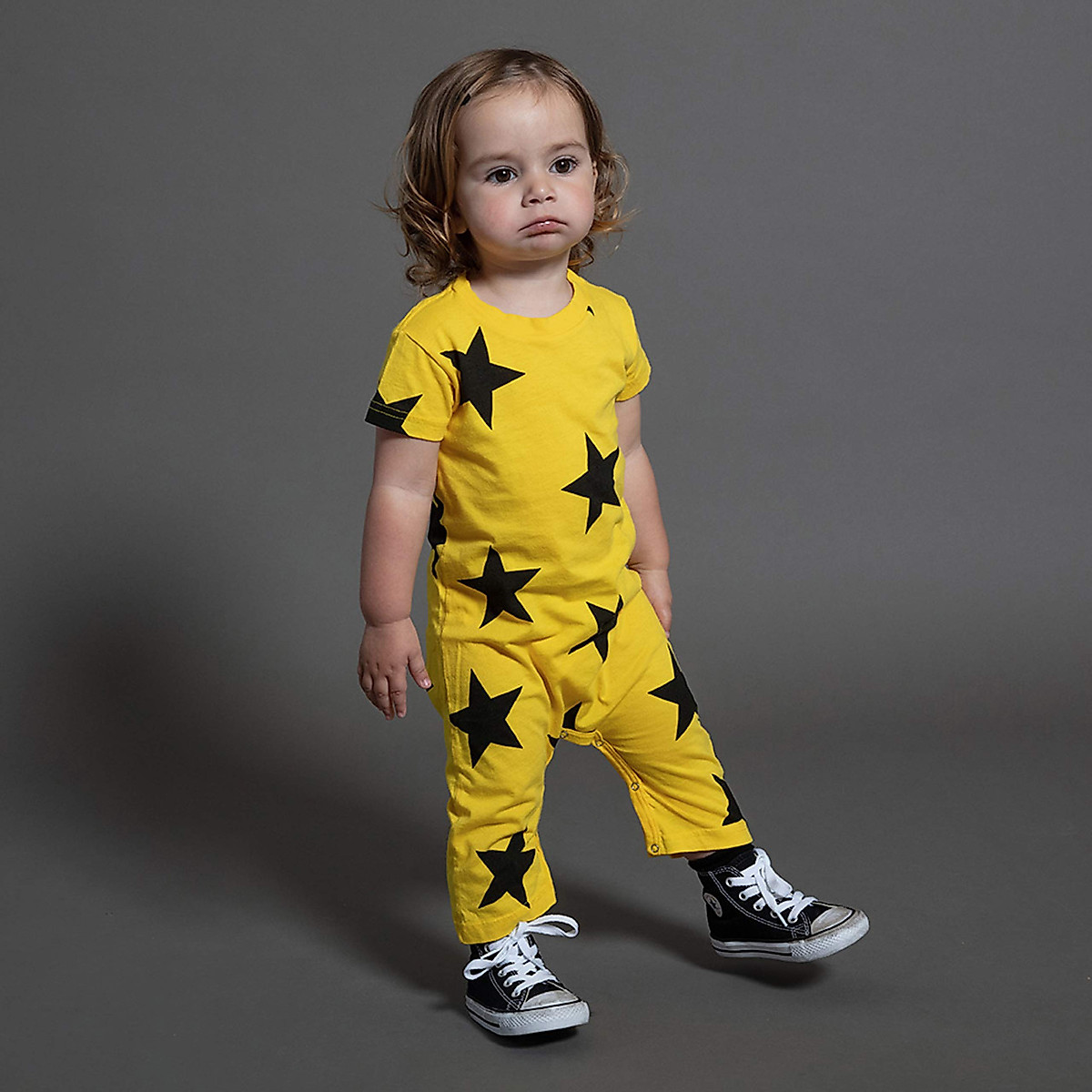 NUNUNU Baby Short Sleeve Playsuit, A One Piece 100% Cotton Infant Romper Coverall for Baby Girls and Baby Boys, White - Stars, 18-24 Months