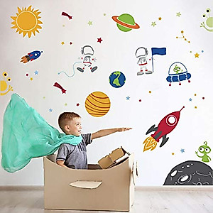 decalmile Planets Space Wall Stickers Rockets Stars Children Wall Decoration Sticker for Children's Bedroom Baby Living Room