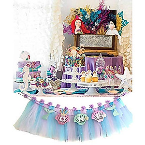 2 in 1 Mermaid 1st Birthday Party Supplies High Chair Tutu Tulle Decoration for Baby Purple Blue Shell "ONE" Pennant Under The Sea Mermaid Happy Birthday Favors for Highchair