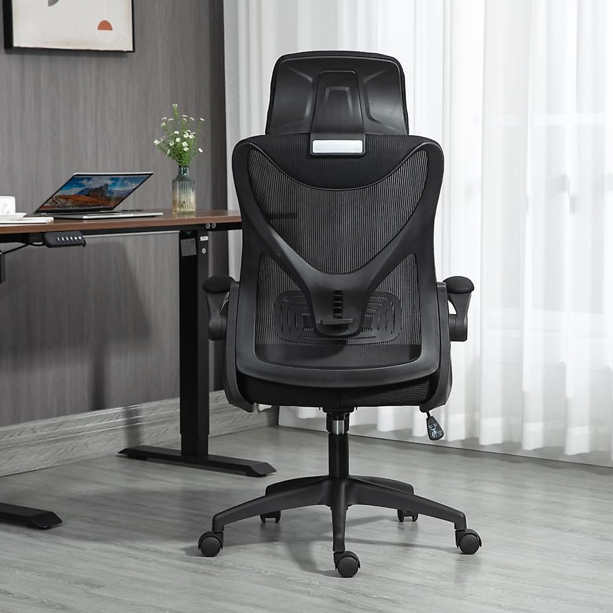 Ergonomic Office Desk Chair with Wheels High Back Computer Task Chair Home Mesh Swivel Desk Chair with Adjustable Back Height Flip up Arms Lumbar Support Headrest for Home/Study/Working