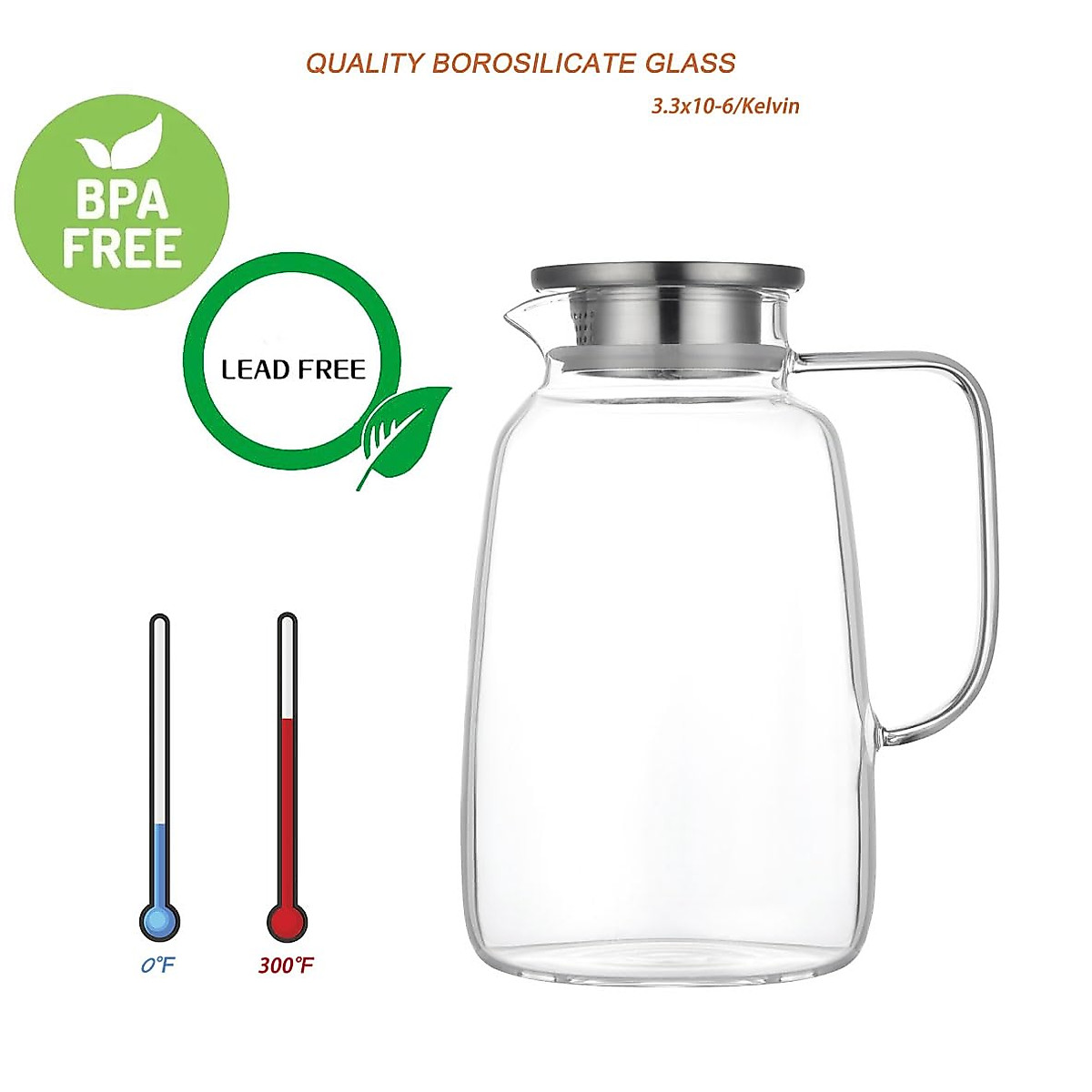 Glass Pitcher with Lid, Water Carafe 80 oz, Iced Tea, Juice, Milk, Coffee, Lemonade Pitcher, Borosilicate Boiling Glassware, Hot & Cold Beverages