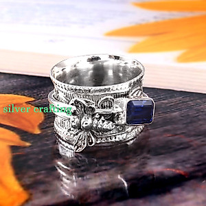Honey Bee Fidget Spin Spinner Ring Blue Sapphire Ring Texture Band Silver Jewelry (7.5)