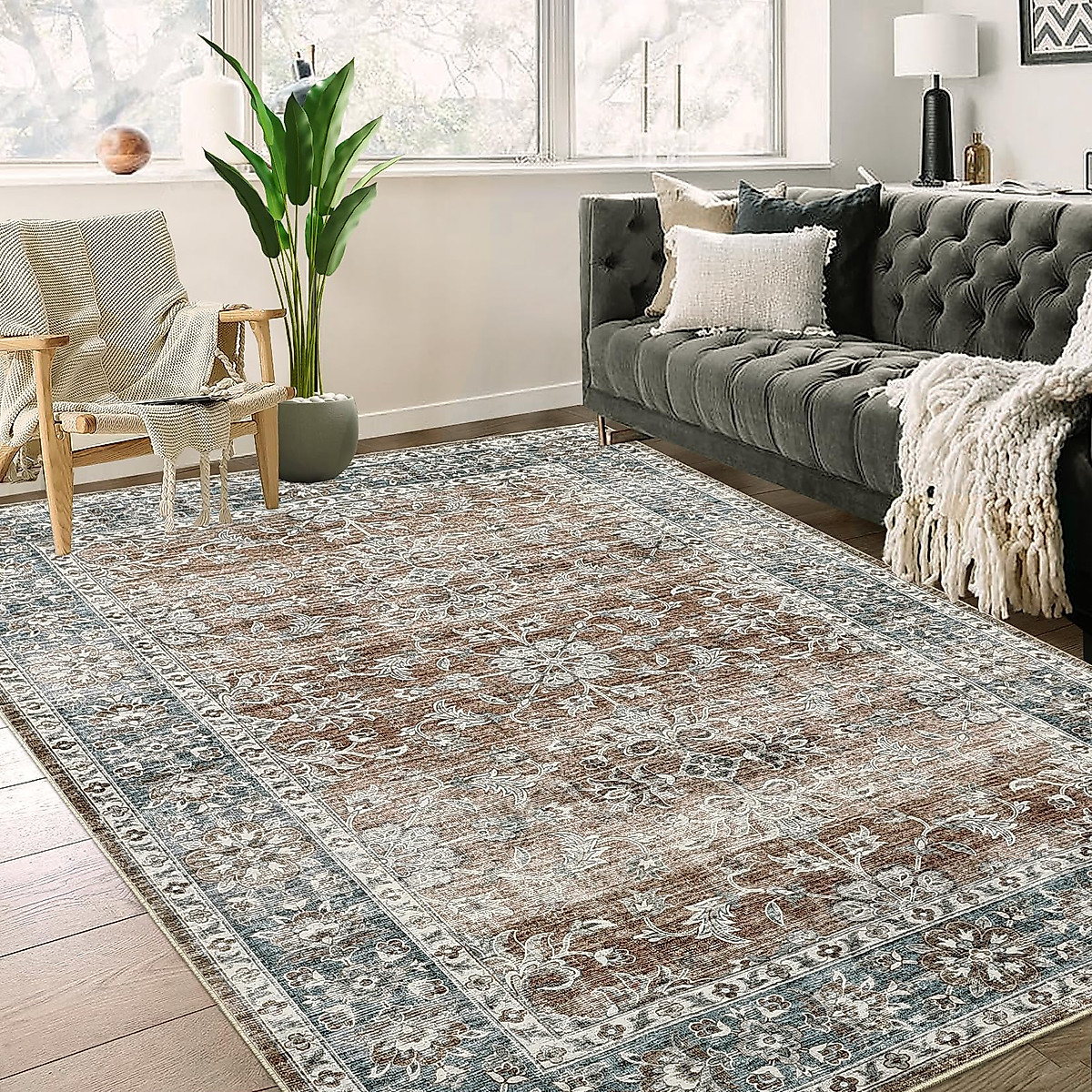 Haperlare Large Living Room Area Rug - 8x10 Large Bedroom Rug Distressed Non-Slip Non-Shedding Oriental Print Floor Carpet for Dining Room Kitchen Brown, 8 x 10