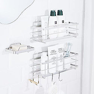 KINCMAX Shower Caddy and Soap Holder, Rustproof SUS304 Stainless Steel, Adhesive Wall Mount Double Baskets 2-pack with Hooks (Polished Silver)