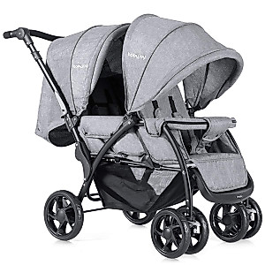 BABY JOY Double Stroller, Foldable Lightweight Twin Stroller with Tandem Seating, Adjustable Backrest/Canopy/Footrest, 5-Point Harness, Storage Basket, Double Stroller Newborn and Toddler (Gray)