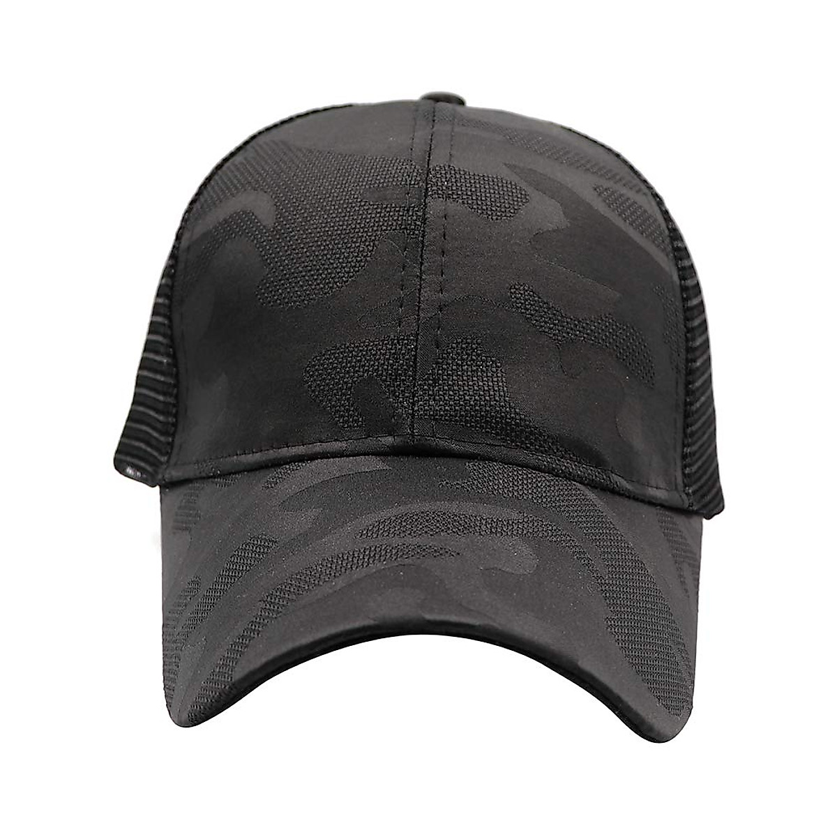 Womens Ponytail Messy High Buns Trucker Ponycaps Plain Baseball Cap Dad Hat Adjustable Snapback (001-2packs(Black camo+Grey camo), One Size)