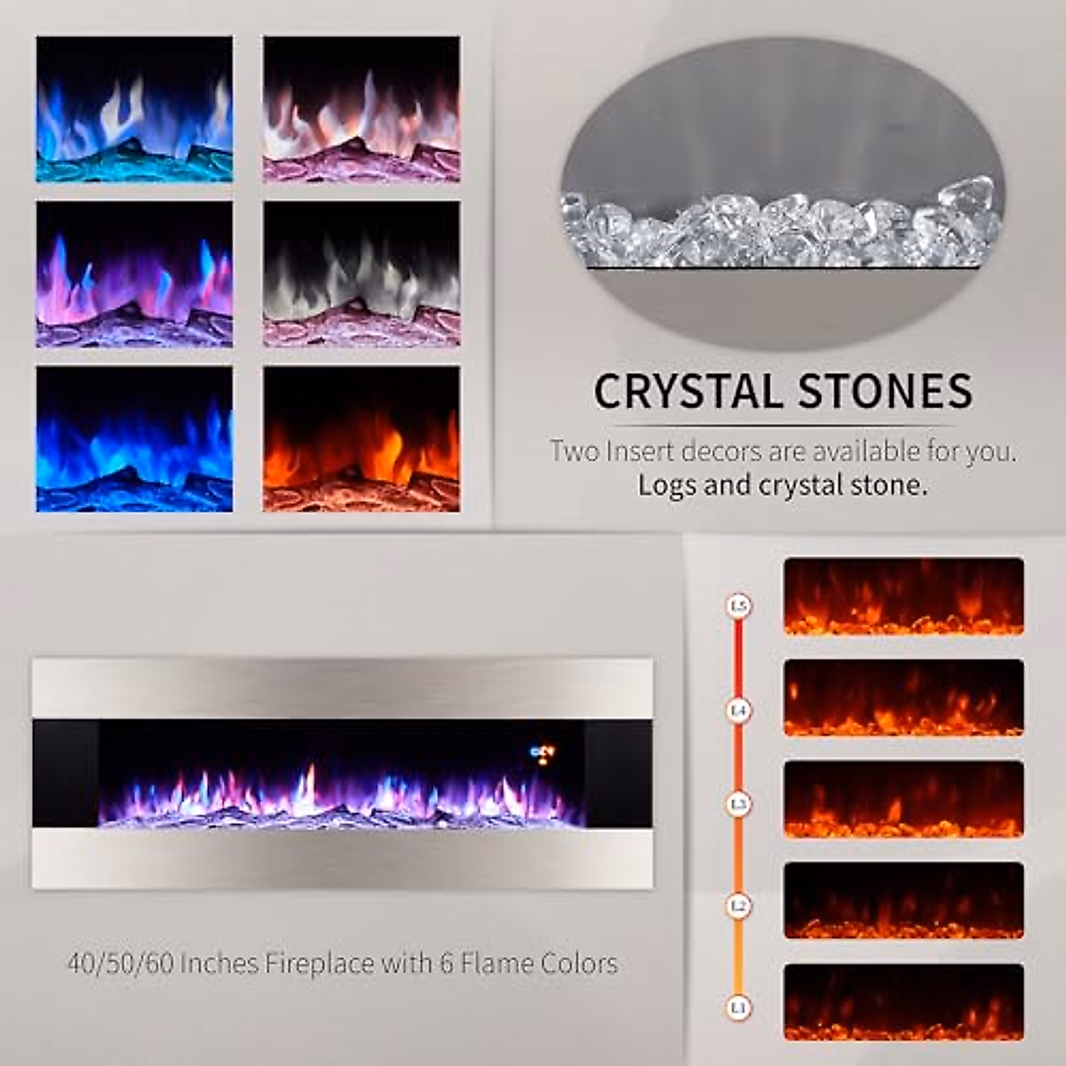 AMERLIFE 50" Wall Mount Electric Fireplace with Remote Control, Floating Fireplace Heater with Adjustable Flame Colors & Heater, Top-Vent, Low Noise, 750W/1500W, Stainless Steel Frame, Black