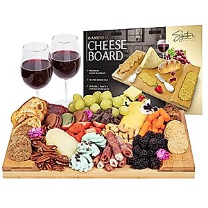 Signature Living Large Bamboo Cheese Board Charcuterie Board (16" x 10" x 1.2") Beautiful Serving Platter for Cheese, Crackers, Meat, Fruit - Durable Wooden Charcuterie Serving Board