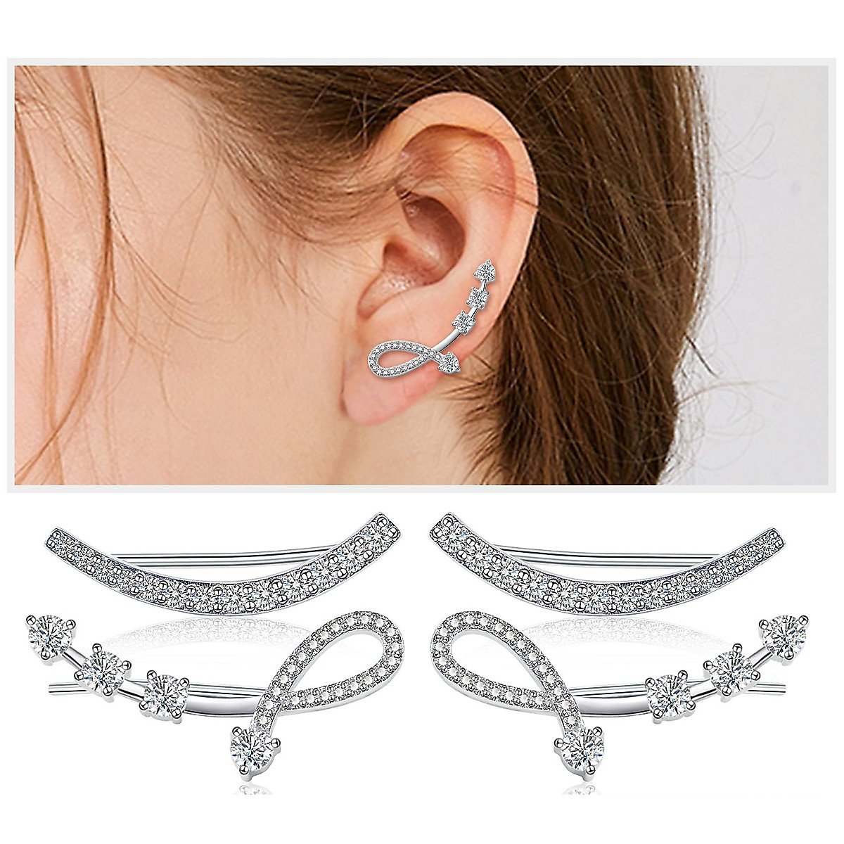 Ear Climbers Earrings for Women - Sterling Silver Cubic Zirconia Ear Cuffs Earrings Set Hypoallergenic Ear Crawler Earrings Dainty Minimalist Earrings Mother's Day Gifts for Mom Her