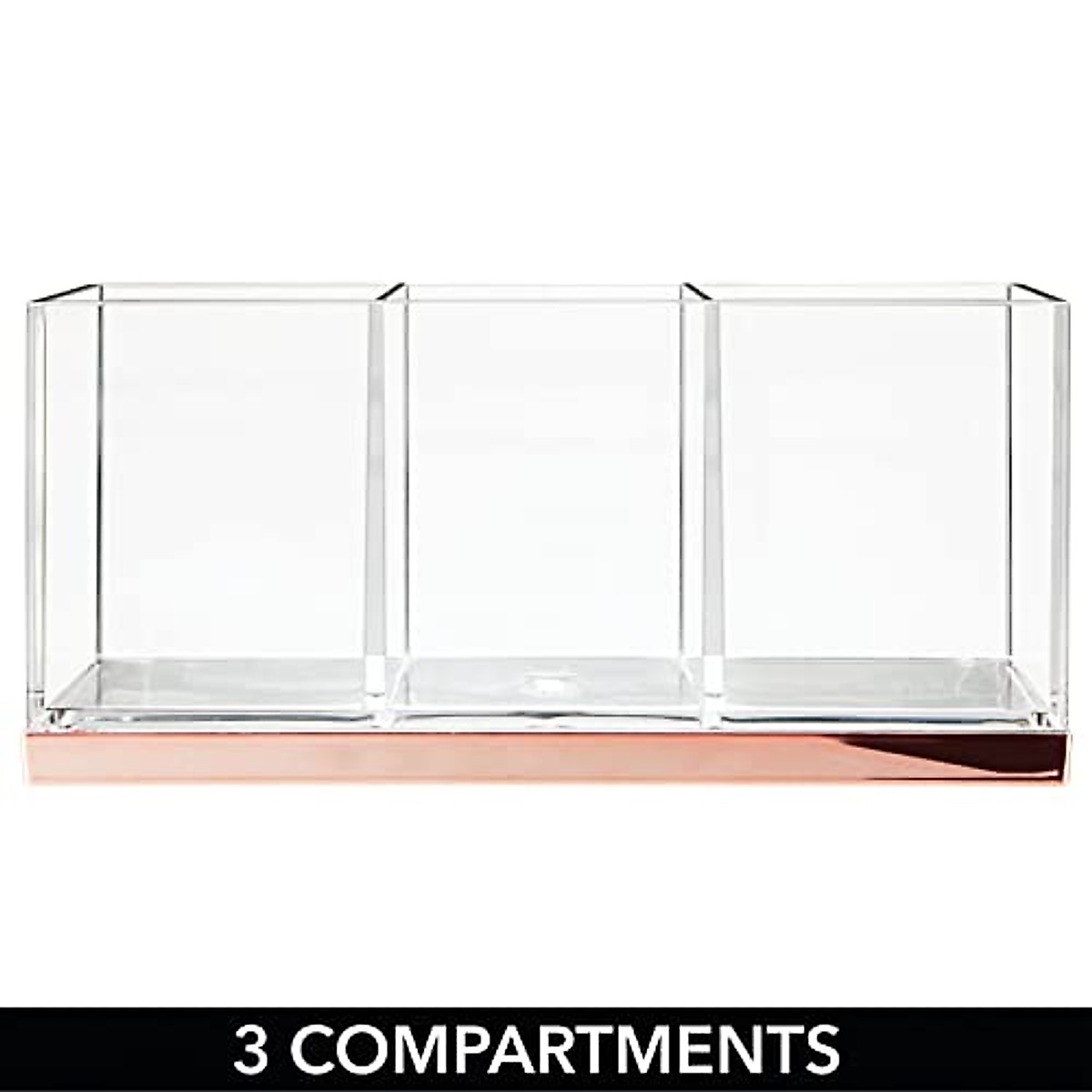 mDesign Plastic Makeup Organizer Caddy Bin with 3 Sections for Bathroom Vanity Countertops or Cabinet: Stores Makeup Brushes, Eye and Lip Pencils, Lipstick, Lip Gloss, Concealers - Clear/Rose Gold