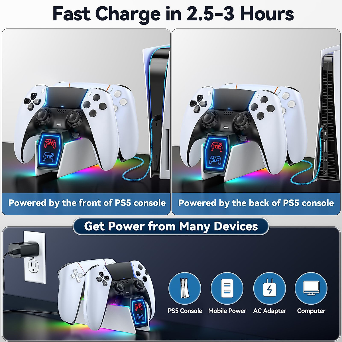PS5 Controller Charger Station Compatible with Playstation 5 Skin Edge & Dual Controller, 9 RGB LED Light PS5 Accessories Charging Station, PS5 Charging Dock Stand with LED Indicators & Charging Cable