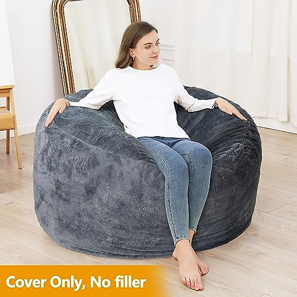 Bean Bag Chair Cover (No Filler), Adult Beanbag Chair Outside Cover Big Round Soft Fluffy Faux Fur Beanbag Lazy Sofa Bed Cover (Grey,4FT)