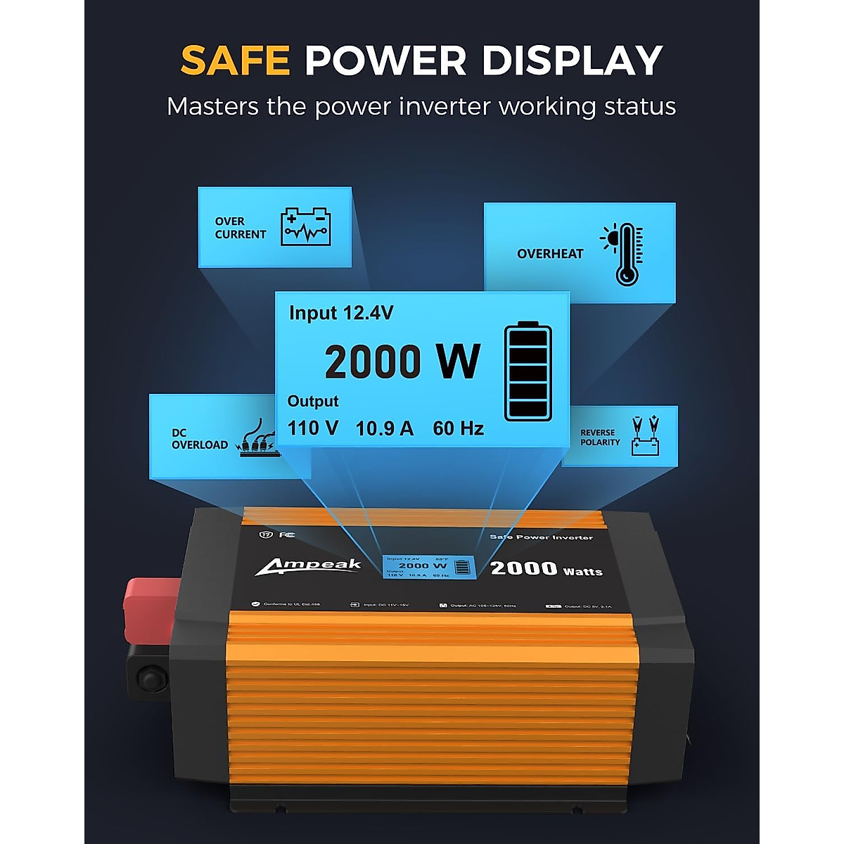 Ampeak 2000W Power Inverter 6.2A Dual USB Ports 3AC Outlets Inverter DC 12V to AC 110V 17 Protections for Truck, Hurricane, Rv