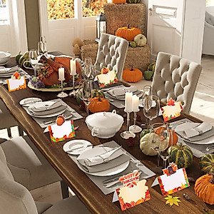 36 Pcs Thanksgiving Place Cards Pumpkin Fall Leaves Name Place Cards and 2 Pcs Permanent Markers Black Markers Name Tents Thankful Greeting Cards for Thanksgiving Harvest Party Bridal Shower Birthday