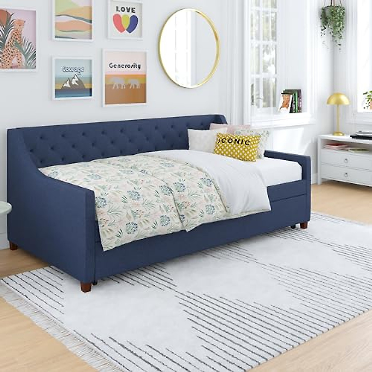 Novogratz Her Majesty Upholstered Daybed with Trundle, Twin Size Frame, Blue Linen