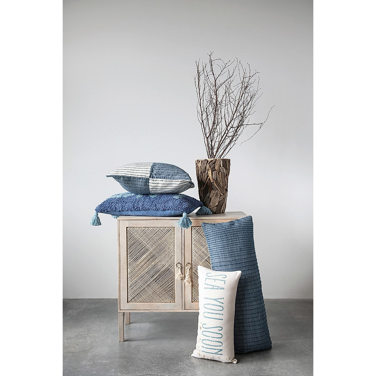 Creative Co-Op Mango 2 Woven Rope Doors, 1 Shelf and Tassel Handles Console, Bleached Wood