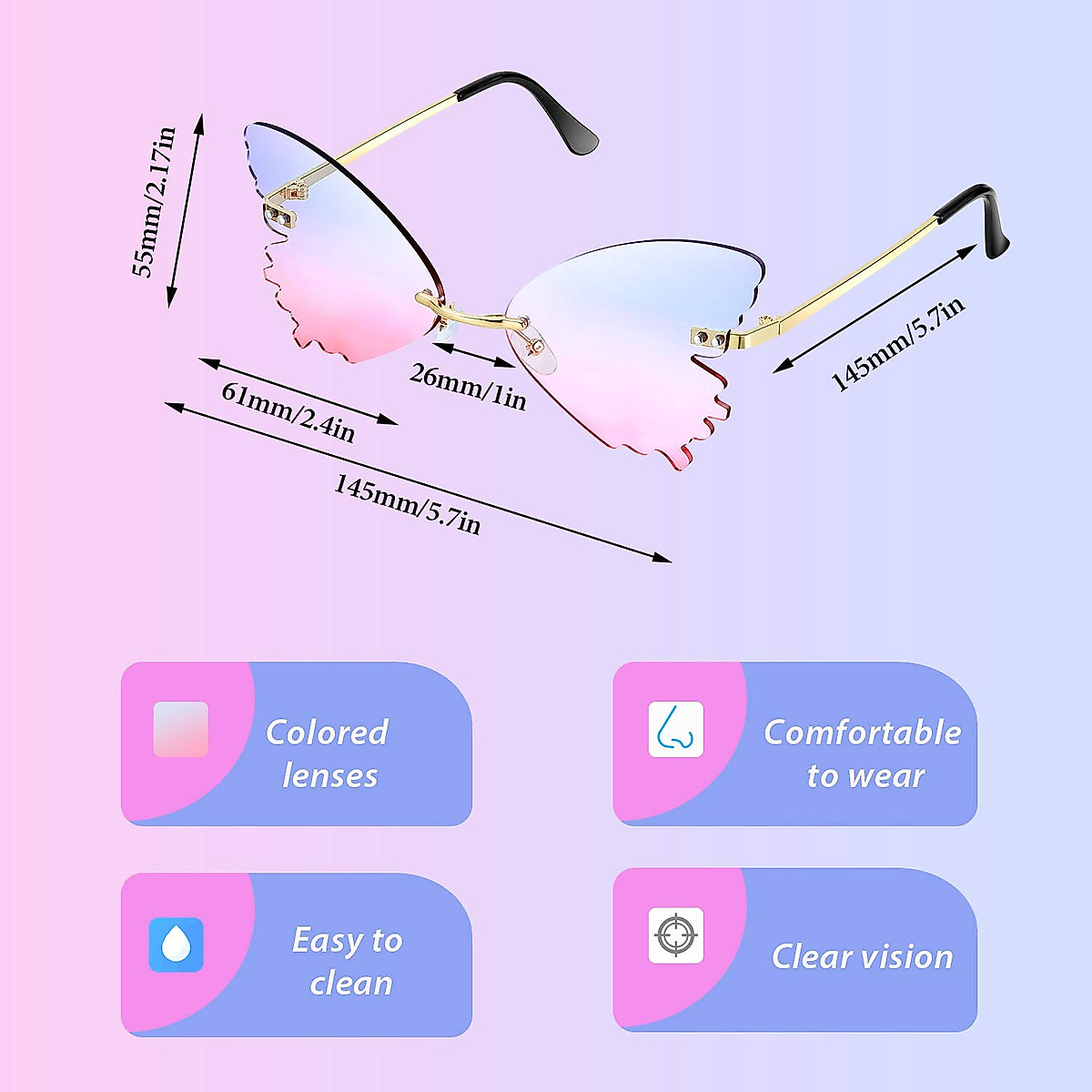 Weewooday 2 Pairs Butterfly Sunglasses Butterfly Rimless Sunglasses Butterfly Glasses Eyewear for Women Men (Grey, Pink and Blue)