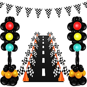 WinnerWhy 179 Pcs Racing Birthday Party Decorations Includes 141 Traffic Lights Balloon Stand Set 12 Traffic Cones 24 Racing Waving Flags 1 Grid String Flags 1 Racetrack Floor Runner