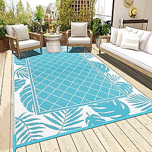 Ileading Outdoor Rug Carpet for Patio 4' x6' Waterproof Reversible Plastic Straw Rug Portable Outside Area Rug Camping Mat for Patio, Clearance, Balcony, Picnic, Pool, Beach, RV, Deck, Leaf Teal