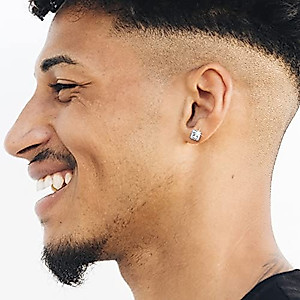 UHIBROS Stainless Steel Stud Earrings Set for Men, 18K White Gold Plated Square Cubic Zirconia Studs Hypoallergenic Mens Earrings Pack 6 Pairs, Gifts for Men Women