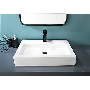 Bathroom Vessel Sink Rectangular White,VALISY 24 x18 Inch Above Counter Porcelain Ceramic Vessel Sink, Rectangle Modern Vanity Lavatory Bath Countertop Bathroom Sink Bowl Basin with Single Faucet Hole