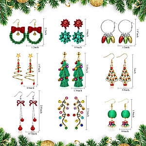 9 Pairs Christmas Earrings Holiday Earrings Christmas Tree Ball Snowflake Candy Bow Dangle Earrings Set for for Women(Tree Style)