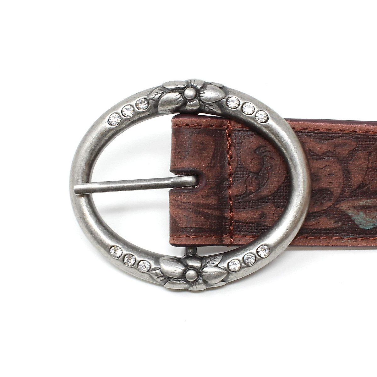 Distress Embossed Brown and Teal Leather Belt with Rhinestone Ring Buckle (M)