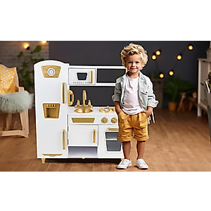 WoodenEdu Kitchen Playset for Kids Ages 3-8, Wooden Pretend Play Kitchen, Incloud Telephone, Ice Maker, Refrigerator, Dimensions: 35” H x 31” W x 12” D (White)