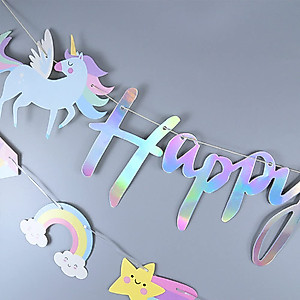 Unicorn Happy Birthday Banner with Sparkle Gold Glitter for Girls and Boys Cartoon Clouds Stars Rainbow Birthday Decorations Baby Shower Banner Unicorn Themed Party Supplies