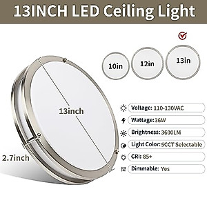 13Inch 36W Ceiling Light Fixtures 2 Packs, 5CCT LED Flush Mount Ceiling Mount Lights 2700K 3000K 4000K 5000K 6500K, Dimmable Close to Ceiling Lighting for Bathroom Kitchen Stairwell Bedroom, Nickel