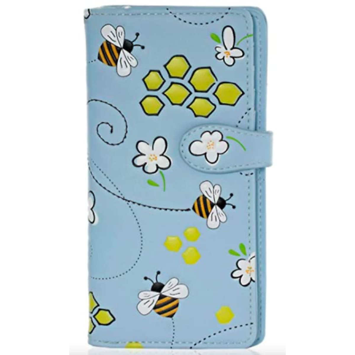 Shag Wear Bumble Bee Honeycomb Large Wallet for Women and Teen Girls Vegan Faux Leather Blue 7"